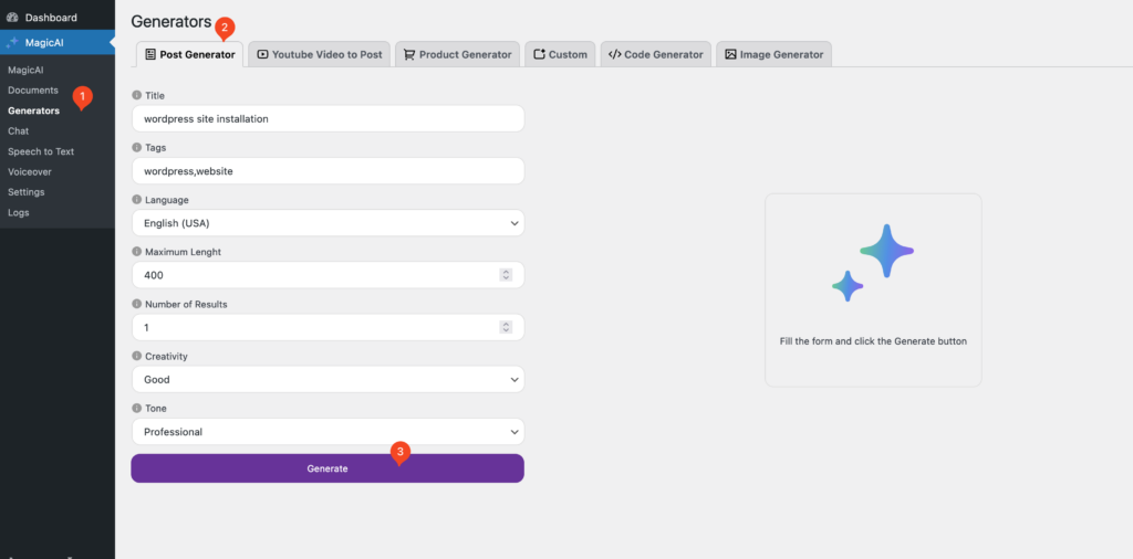 Generators - MagicAI for WordPress - Documentation