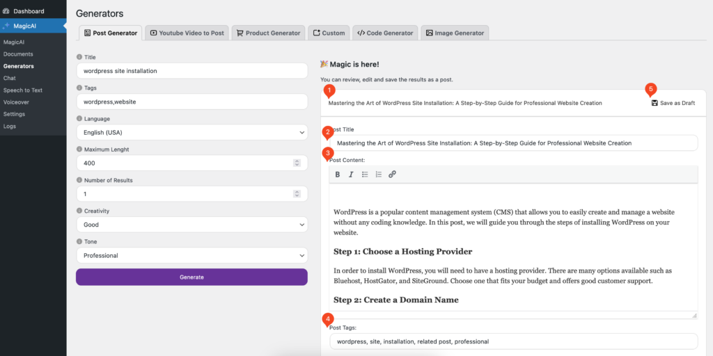 Generators - MagicAI for WordPress - Documentation