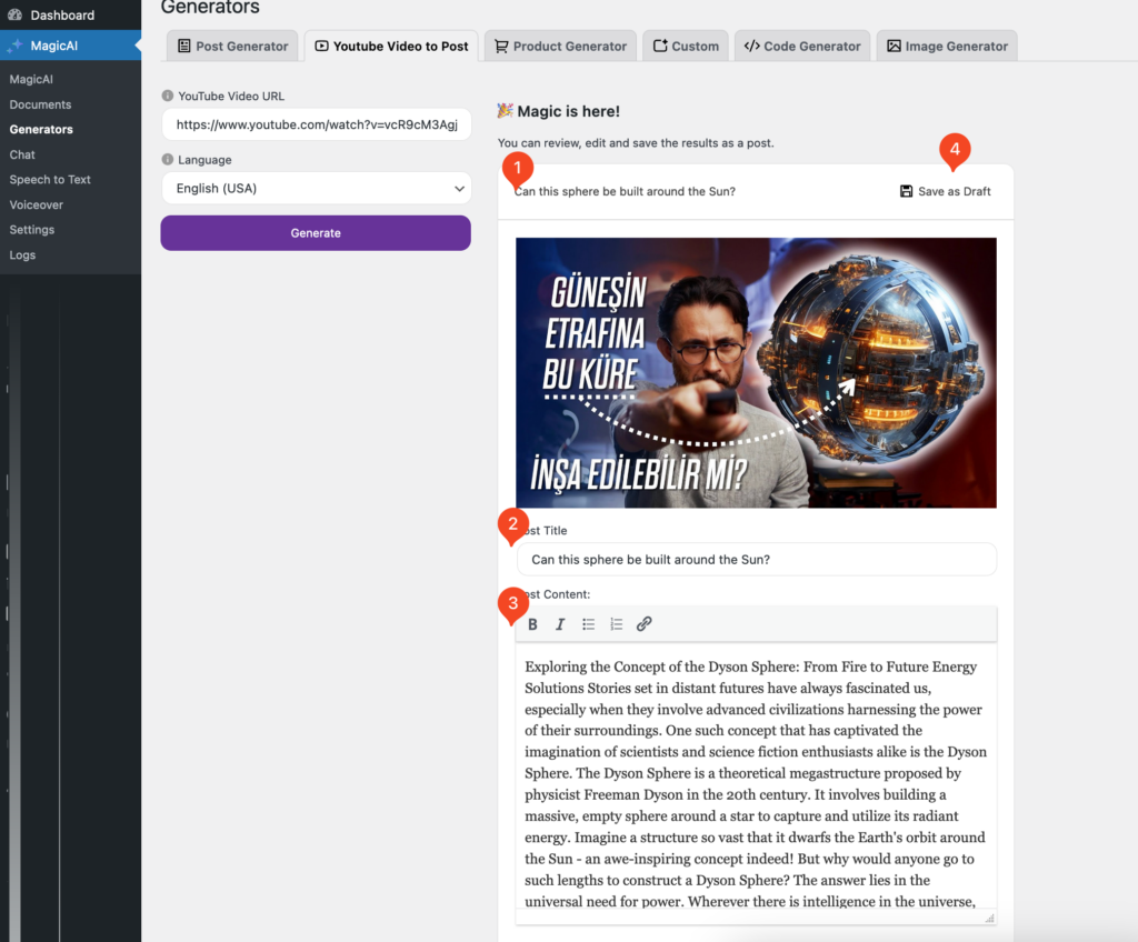 Generators - MagicAI for WordPress - Documentation